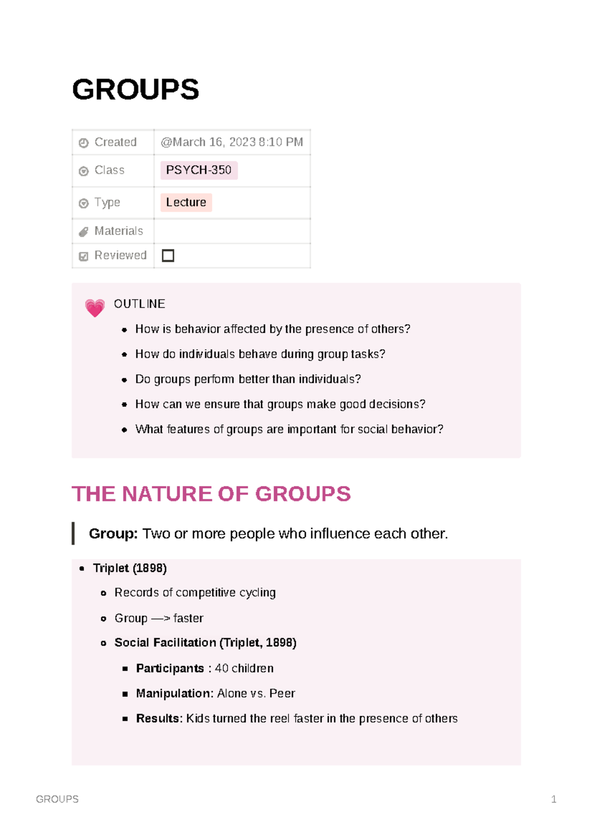 Social Psychology- Groups - GROUPS Created Class PSYCH- Type Lecture ...