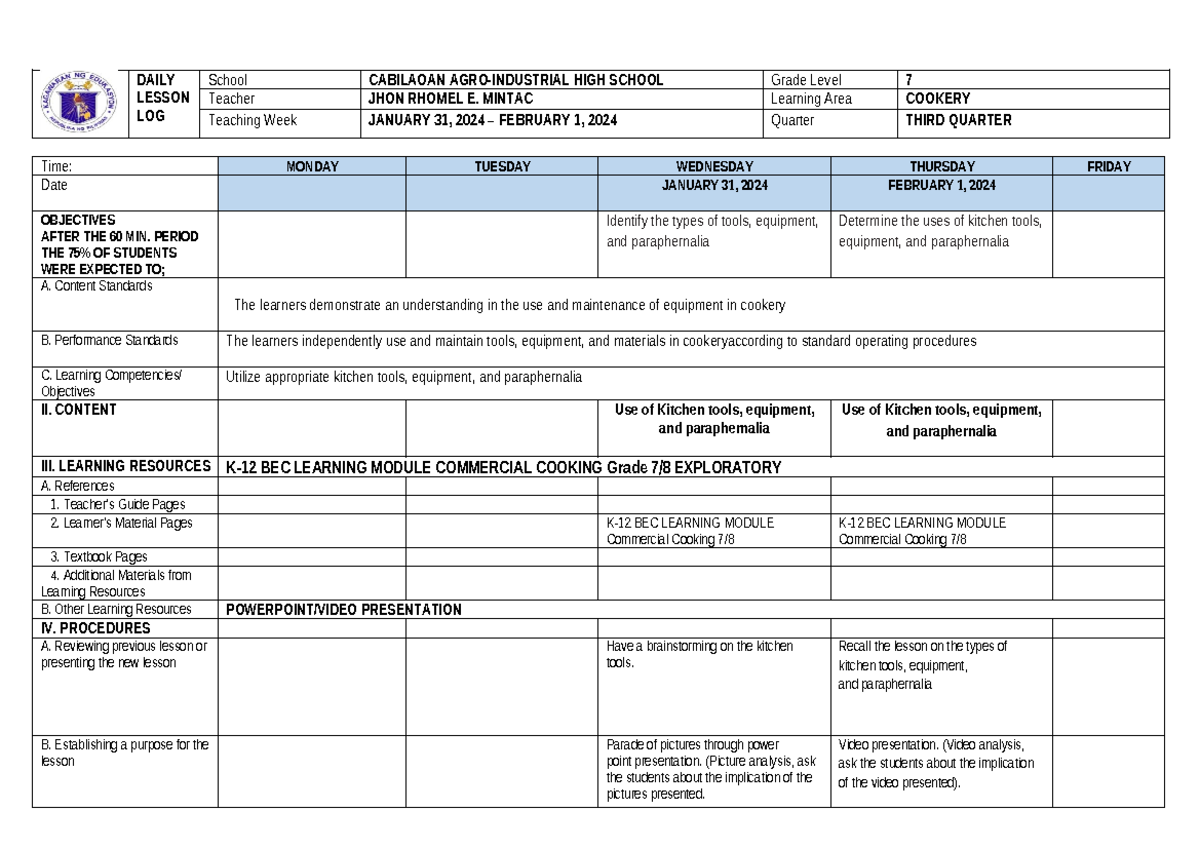 TLE 7 Cookery WEEK 1 - Copy - DAILY LESSON LOG School CABILAOAN AGRO ...
