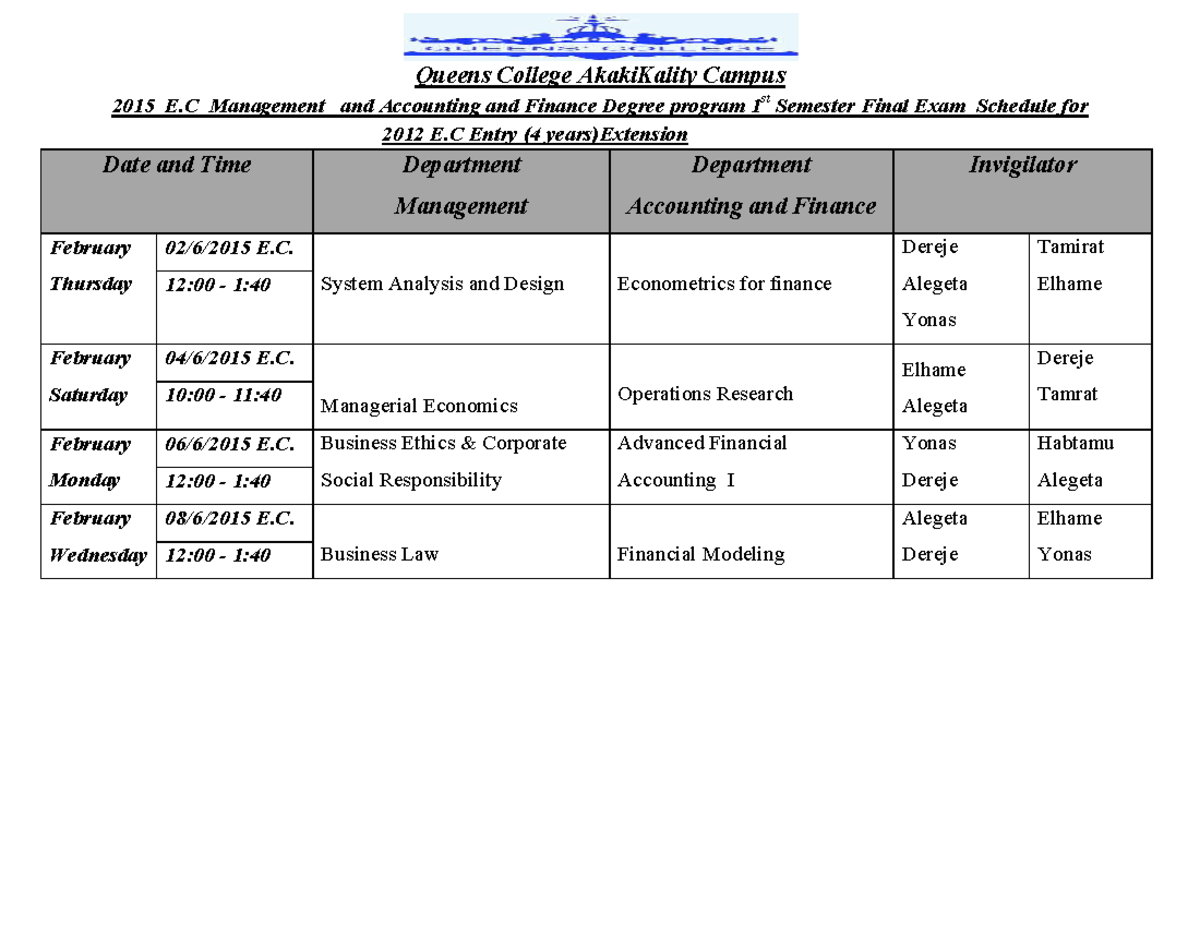2012 , 2013 , 2014 Entry Degree program Final Exam Program - 2015 E ...