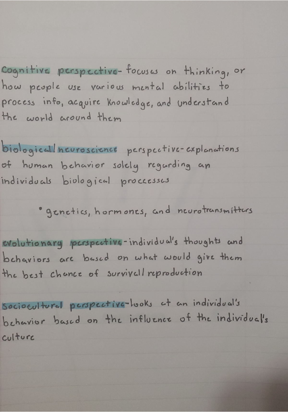 Psych Notes Pg. 4 - cognitive focuses on thinking, or how people use ...