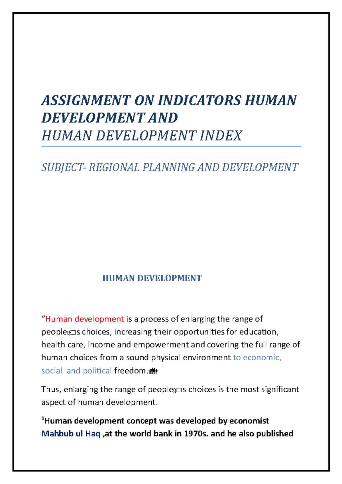 HID AND Human Development Assignment - ASSIGNMENT ON INDICATORS HUMAN ...