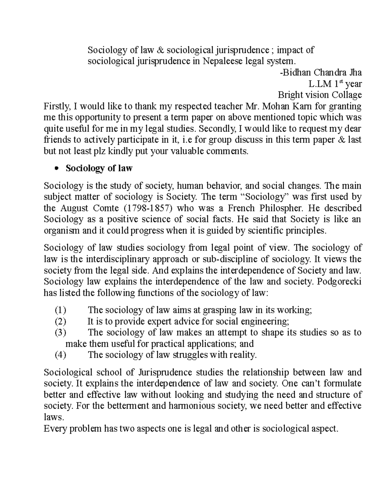 2nd term paper - Sociology of law & sociological jurisprudence ; impact of sociological - Studocu