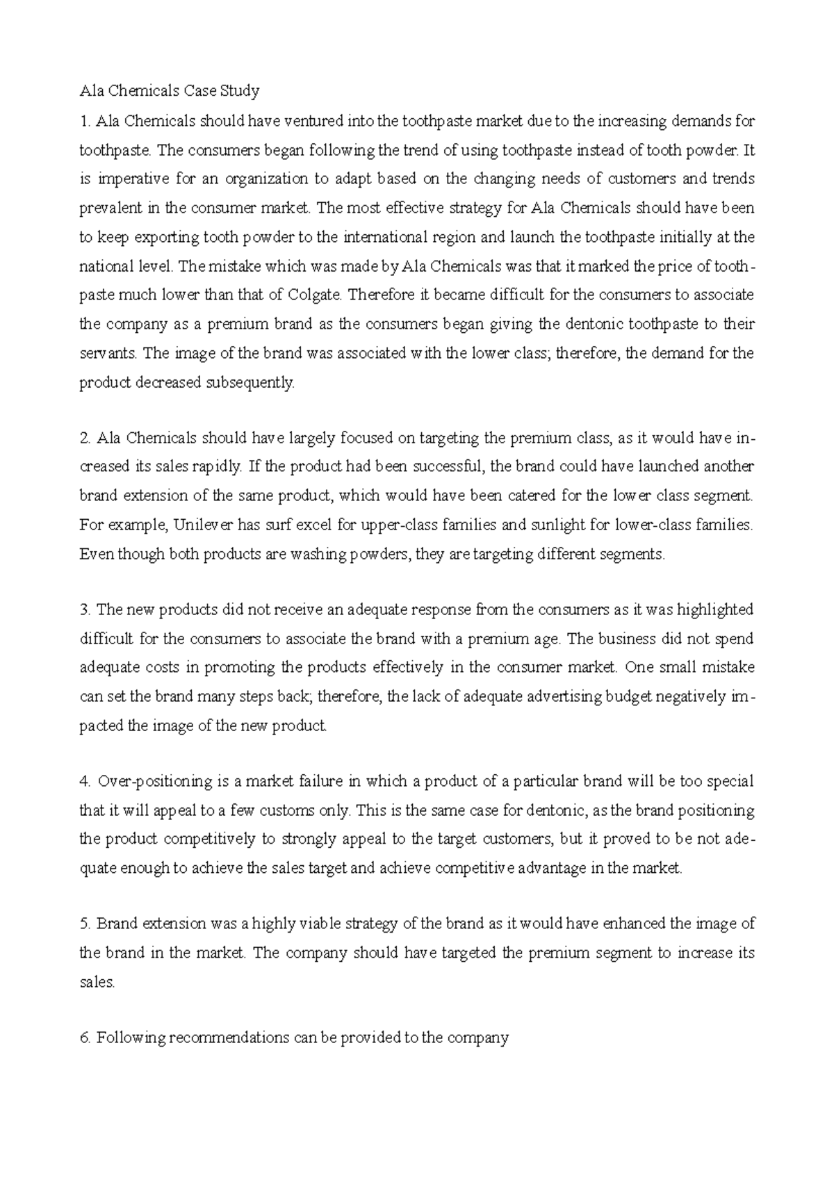 Ala Chemicals Case Study - Ala Chemicals Case Study Ala Chemicals ...