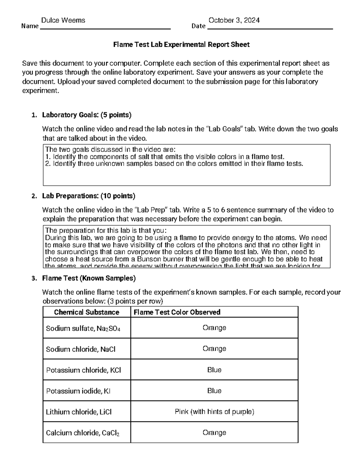Flames+Test+Lab+Worksheet - Name Date Flame Test Lab Experimental ...