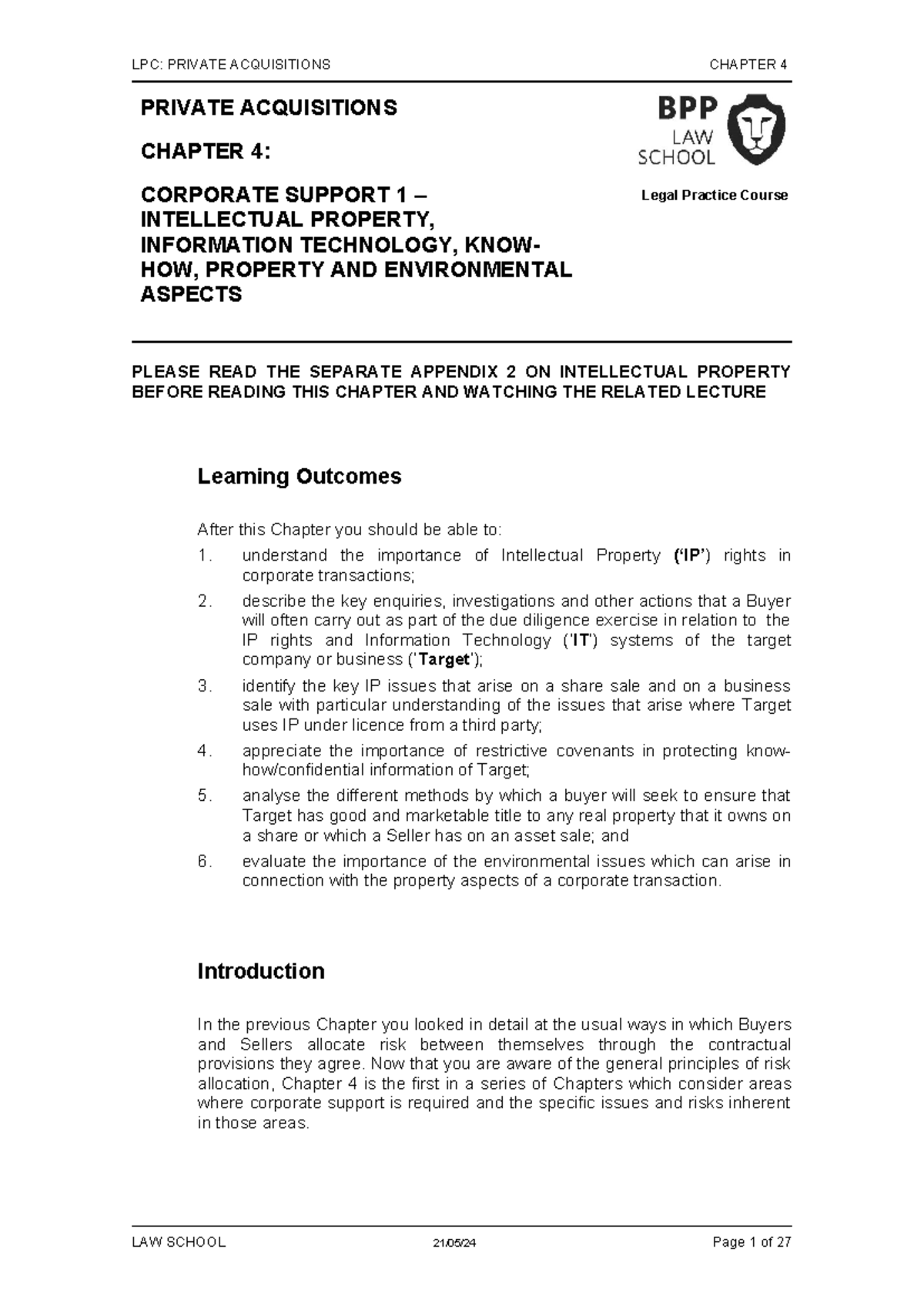 PA Chapter 4 2023-24 - LPC: PRIVATE ACQUISITIONS CHAPTER 4 PRIVATE ...