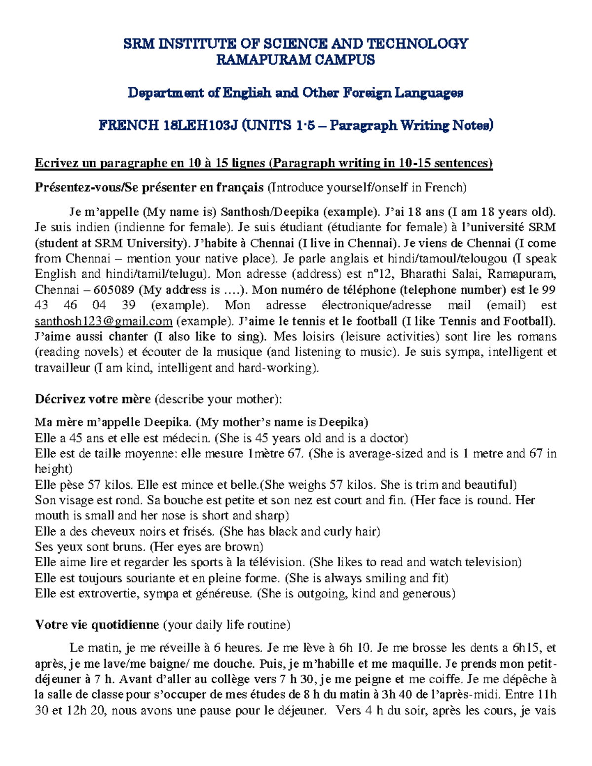 French 18LEH103J Paragraph Writing - SRM INSTITUTE OF SCIENCE AND ...
