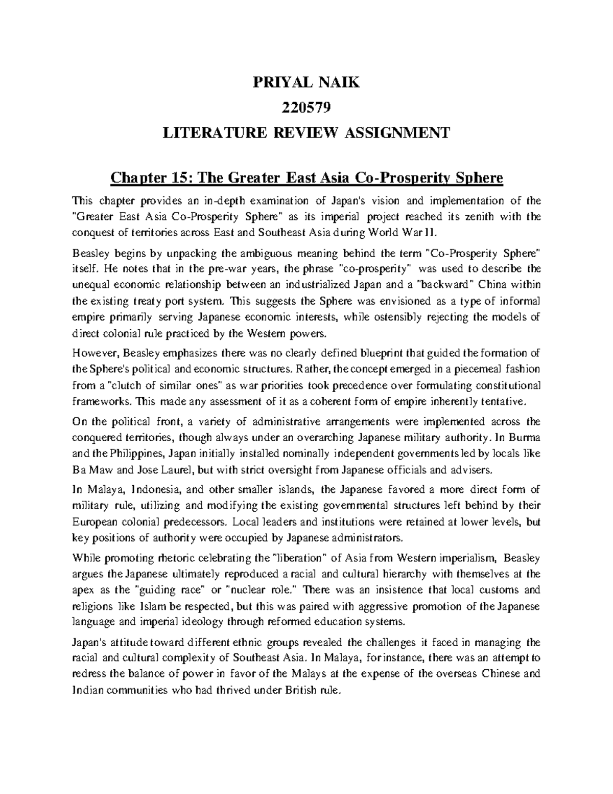 Japan Review beasley ch 15-16 - PRIYAL NAIK 220579 LITERATURE REVIEW ...