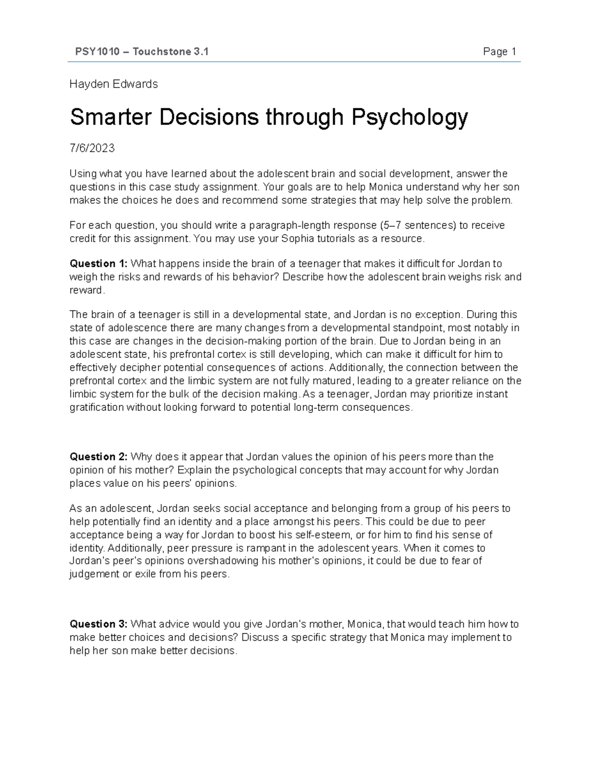 PSY1010 Case Study 1 - PSYC1010 - Hayden Edwards Smarter Decisions ...