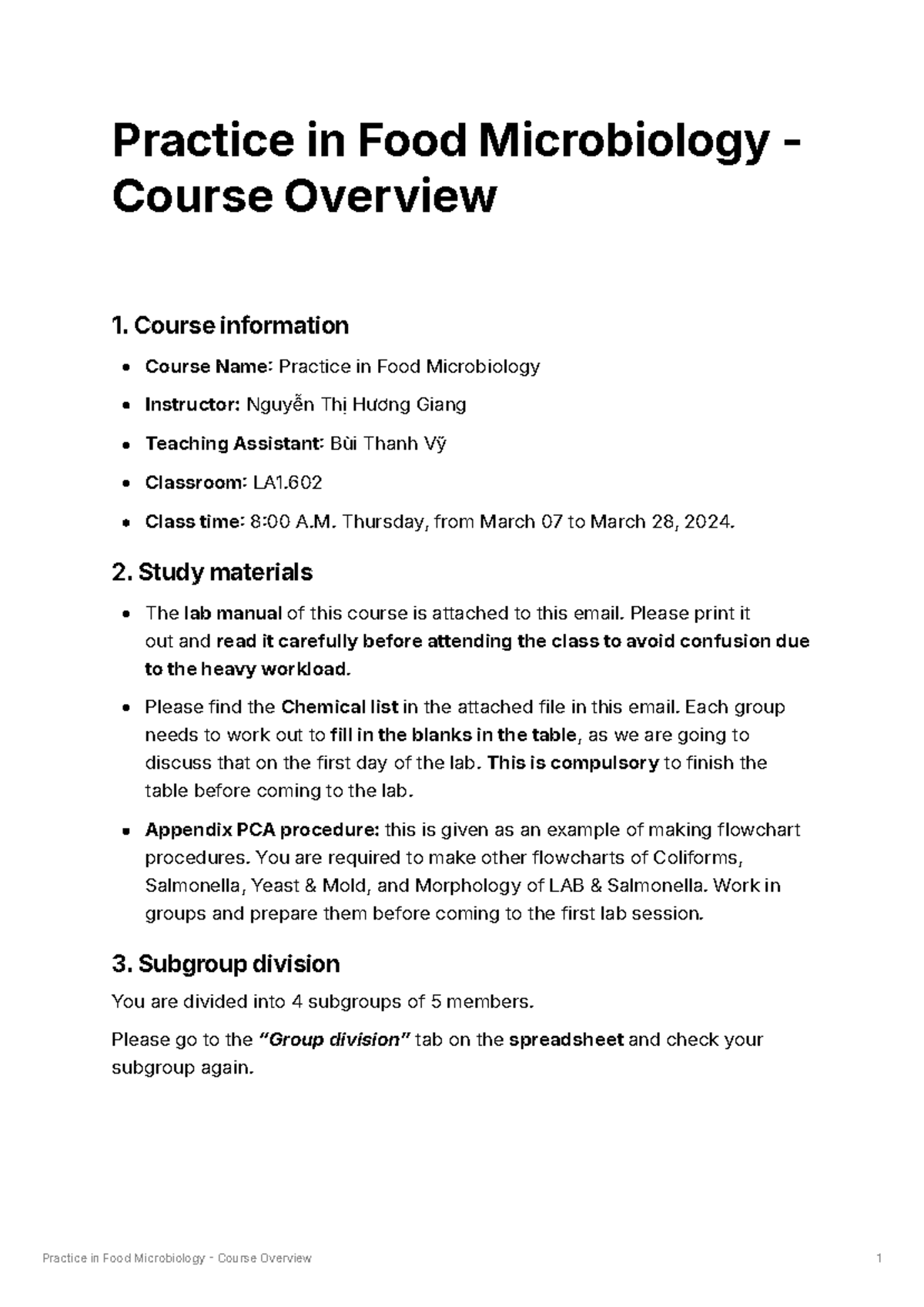 Practice in Food Microbiology - Course Overview - Course information ...