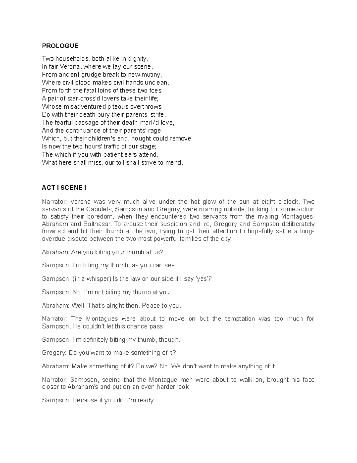 Romeo and Juliet Script PART1 - PROLOGUE Two households, both alike in ...