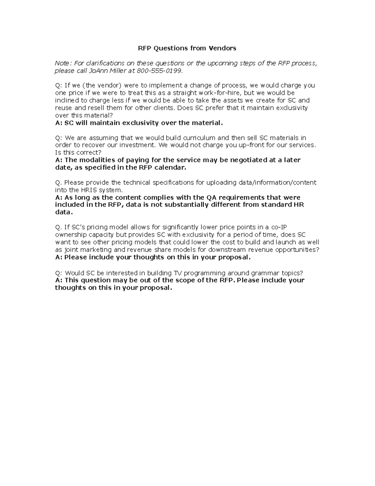 RFP Questions from Vendors - RFP Questions from Vendors Note: For ...