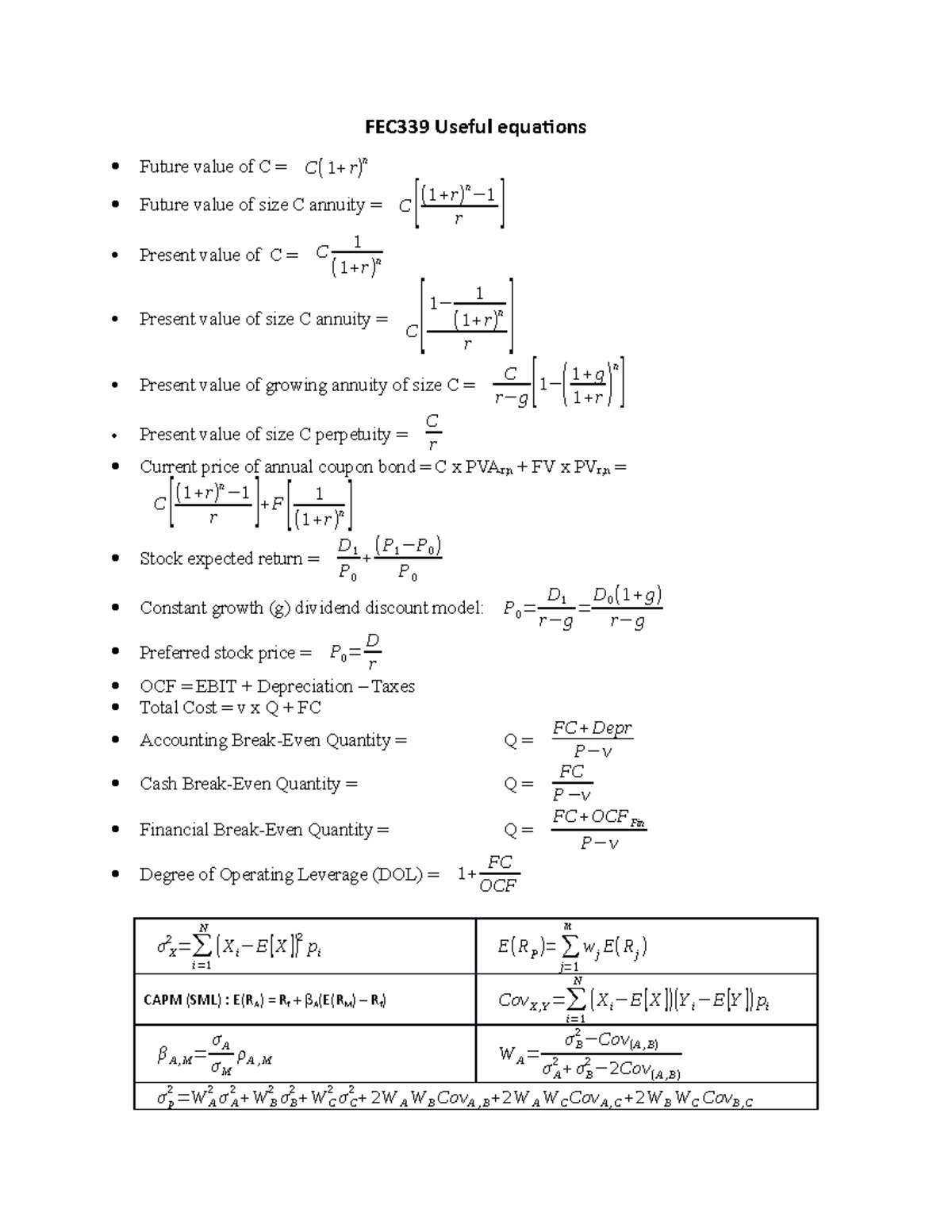 Formula Sheet finance - FEC339 Useful equations Future value of C = C ...