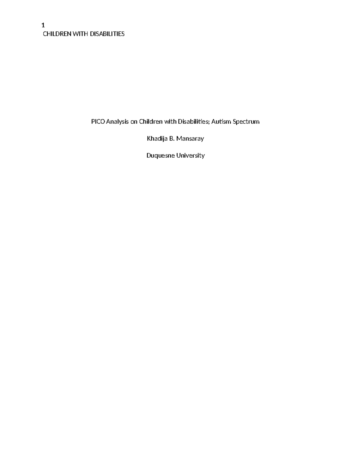 PICO Analysis EBP - n/a - CHILDREN WITH DISABILITIES PICO Analysis on ...