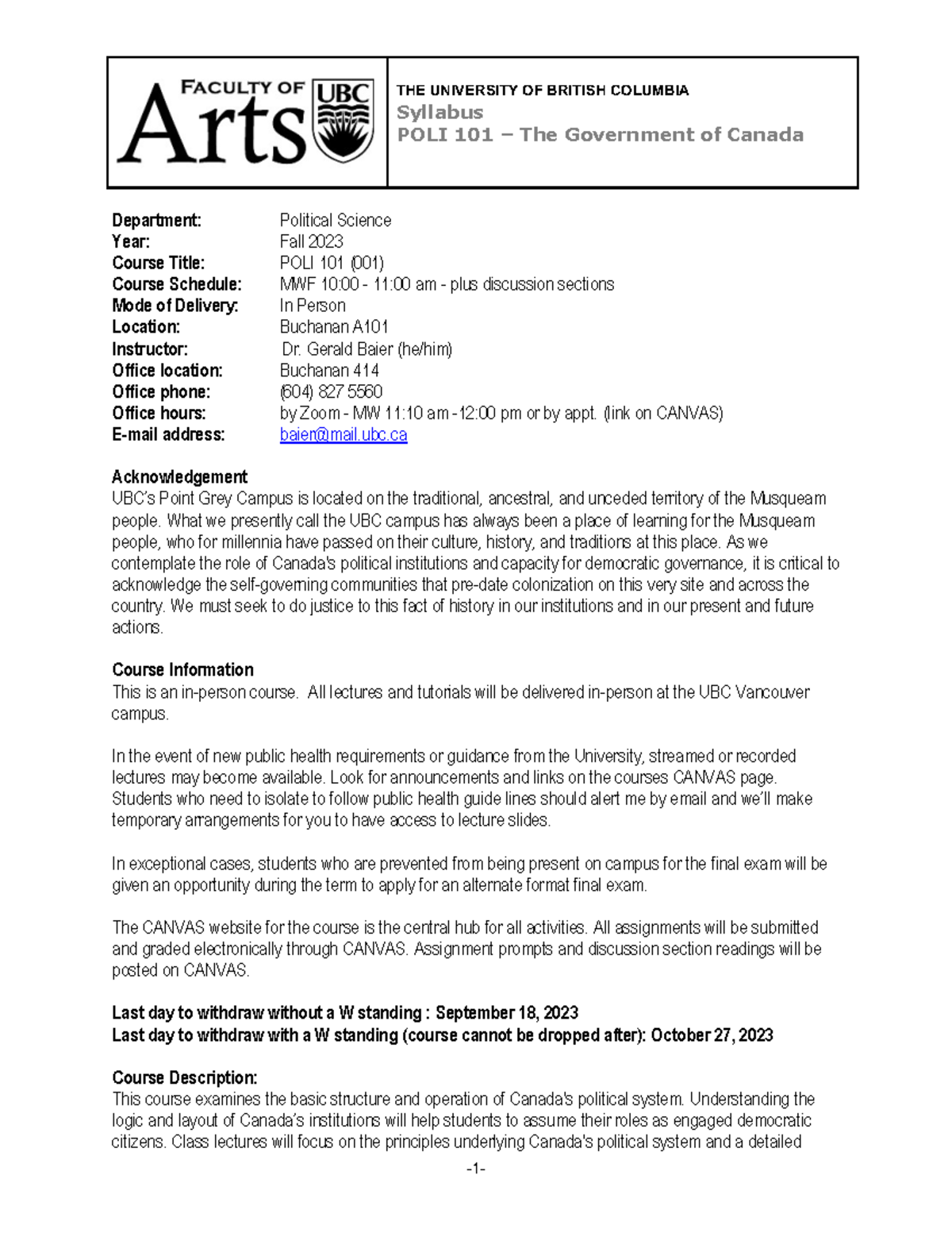 Course Outline 2023 - Syllabus - POLI 101 Gerald Baier - THE UNIVERSITY ...