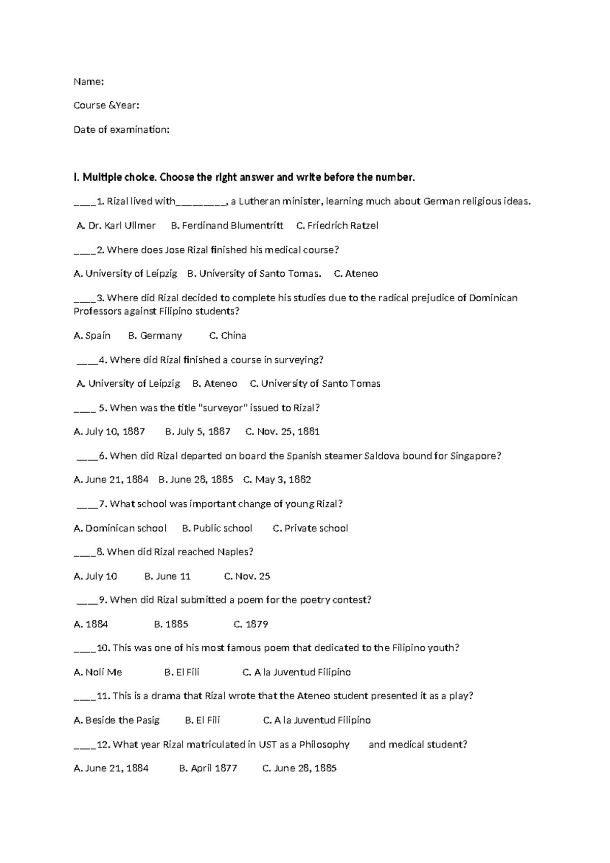 Examrizal - Name: Course &Year: Date of examination: I. Multiple choice ...