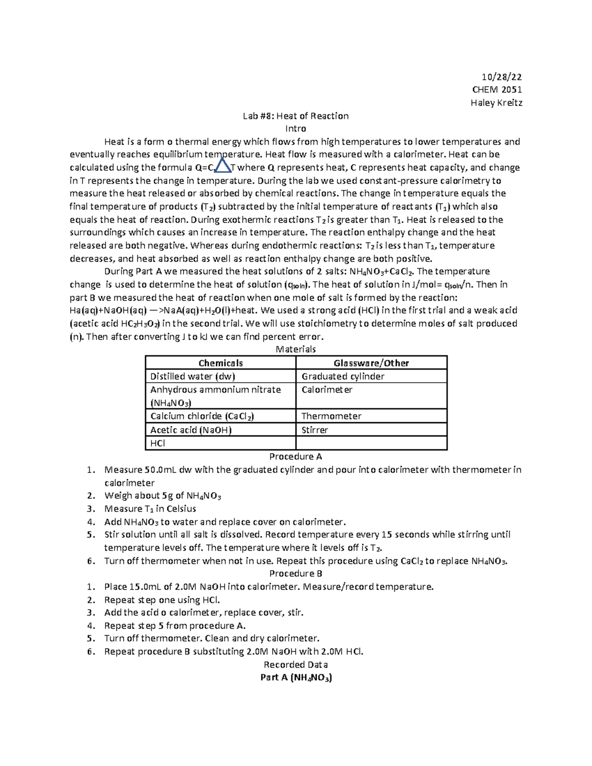 CHEM2051F22 Heatofreaction - 10/28/ CHEM 2051 Haley Kreitz Lab #8: Heat ...