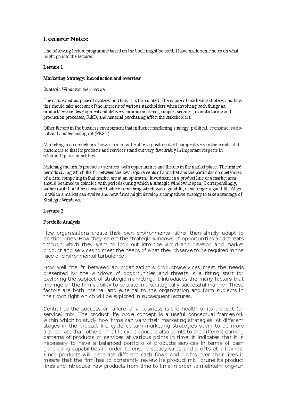 Hospitality Management - Lecturer Notes: The following lecture ...