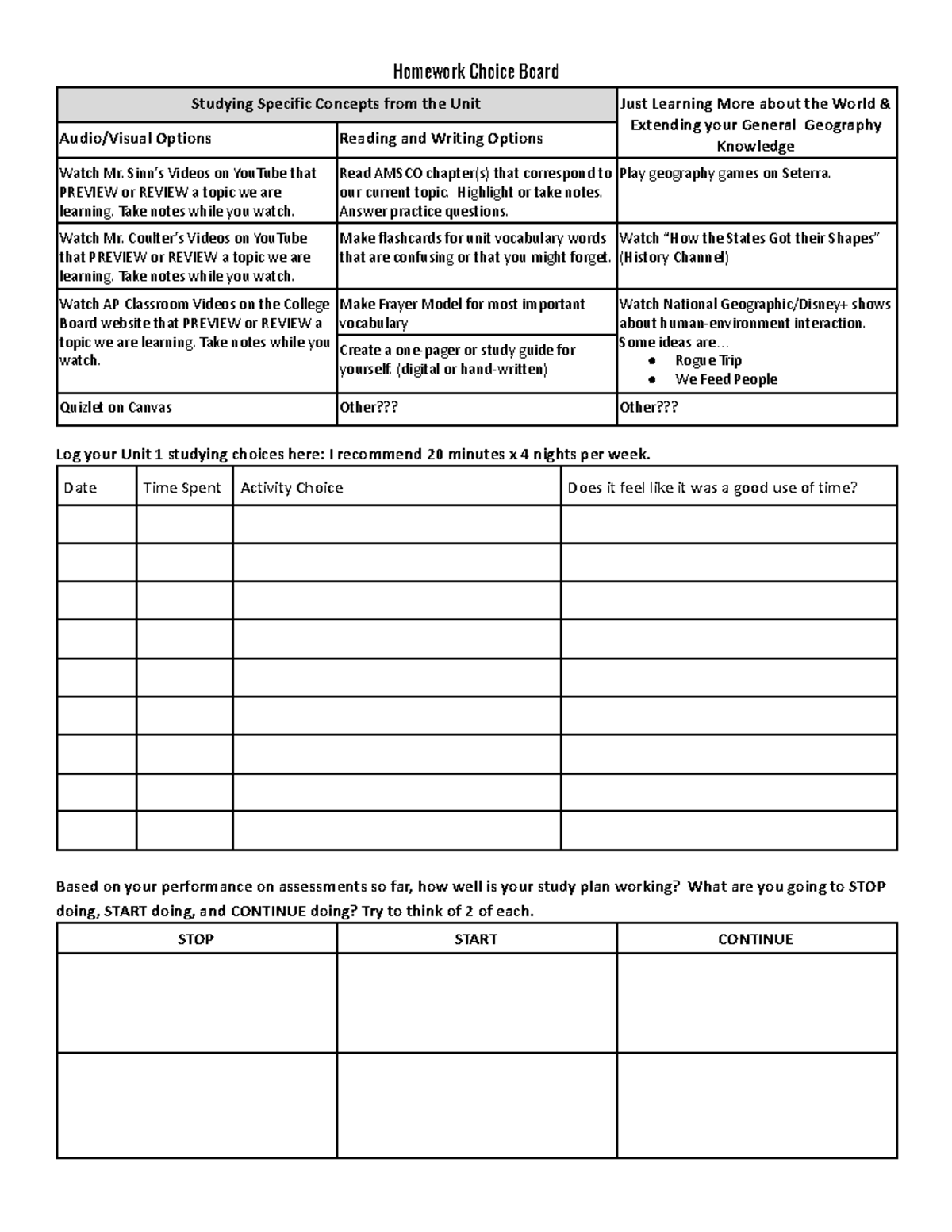 - Unit 1 Classwork Packet - Homework Choice Board Studying Specific ...