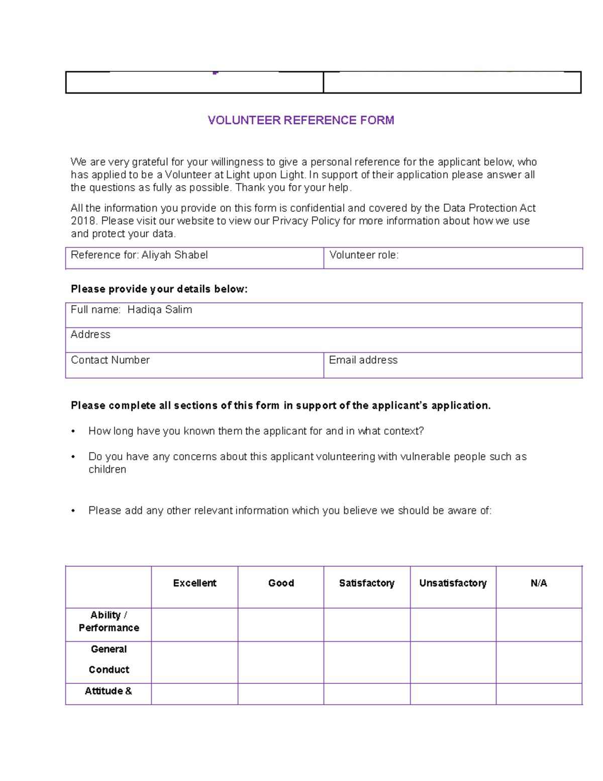 Reference Form template LUL - VOLUNTEER REFERENCE FORM We are very ...