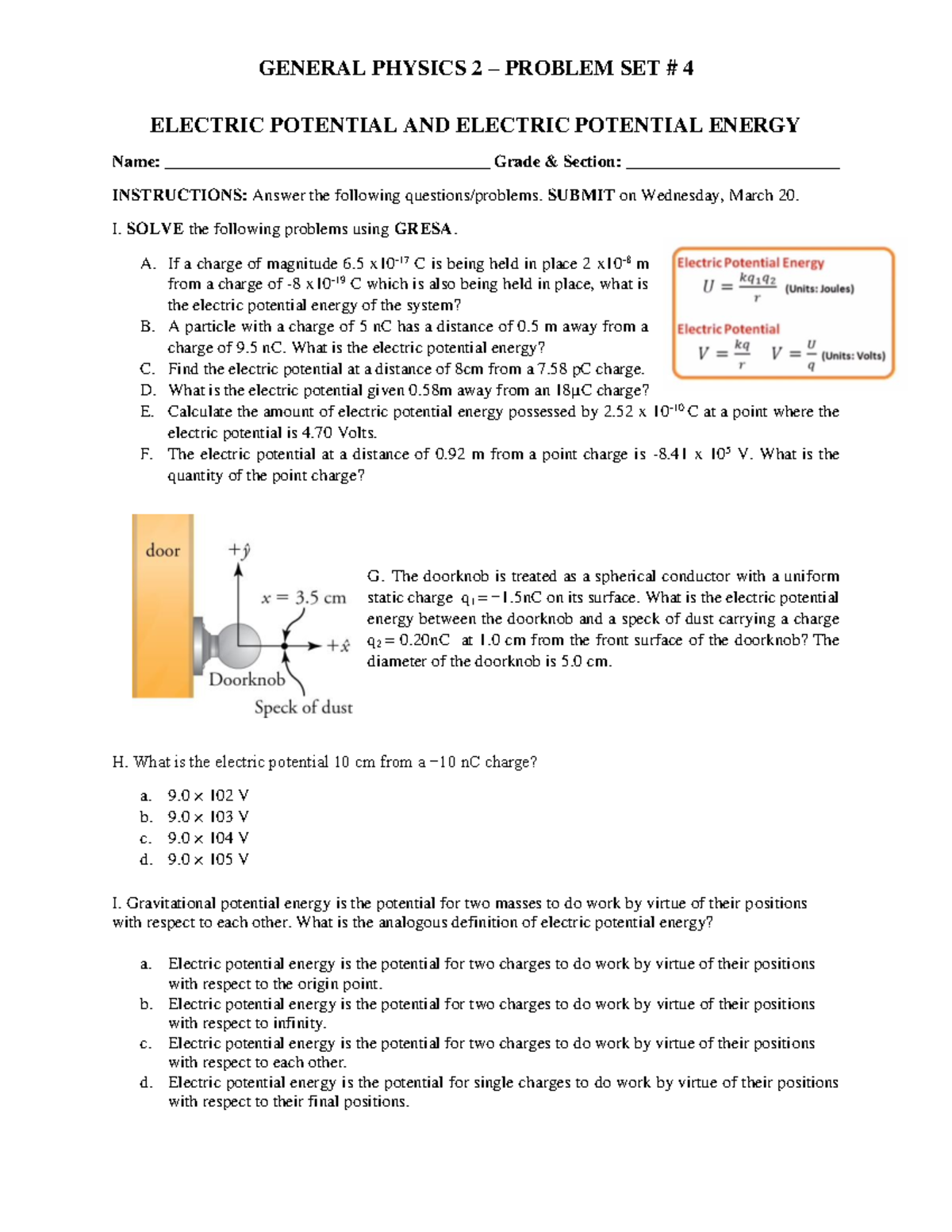 Electric Potential AND Electric Potential Energy Practice Test ...
