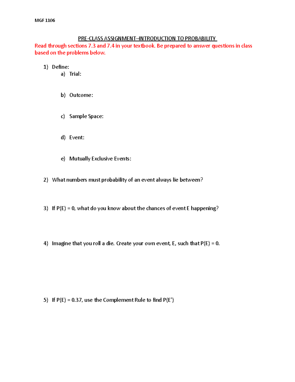 Pre-Class Week 3 (Simple Probability and Union Rule) Fall 2022 - MGF 1106 PRE-CLASS - Studocu