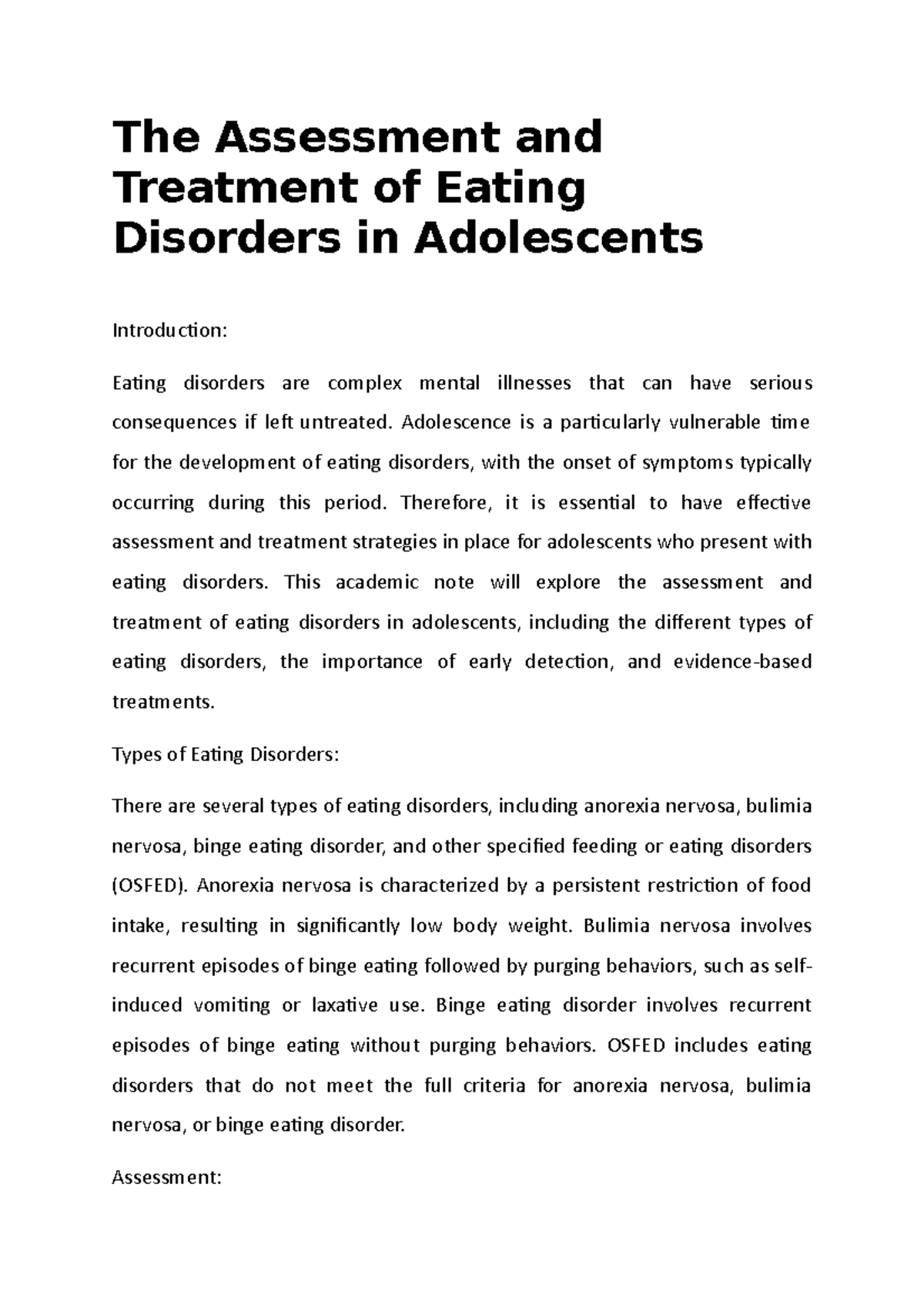 The Assessment and Treatment of Eating Disorders in Adolescents - The ...