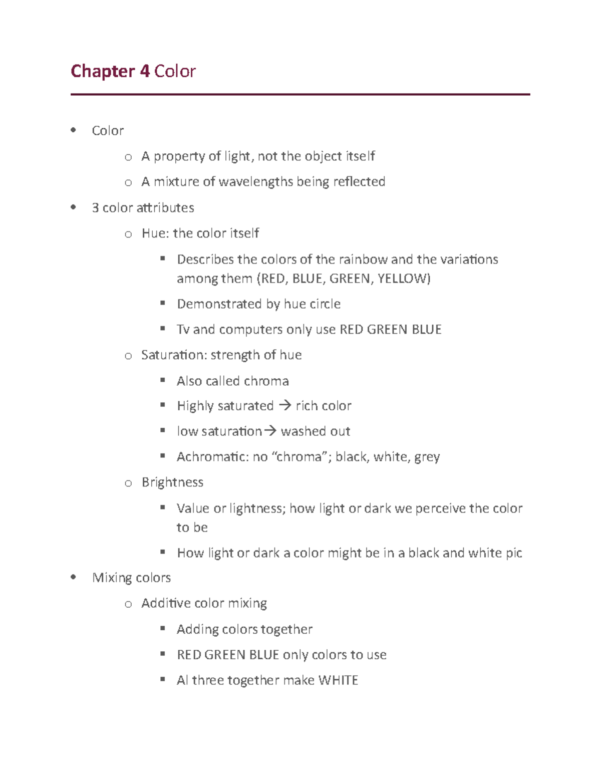 Chapter 4 Color - Lecture notes 4 - Chapter 4 Color Color o A property ...