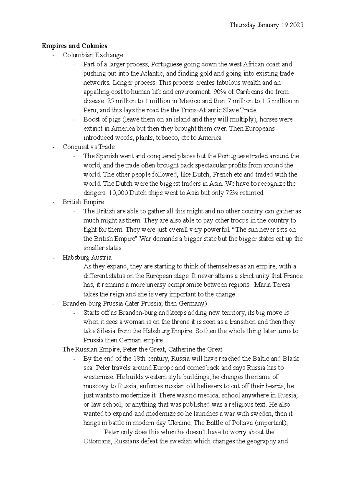 HIST 106- Day 4 Notes - Thursday January 19 2023 Empires and Colonies ...