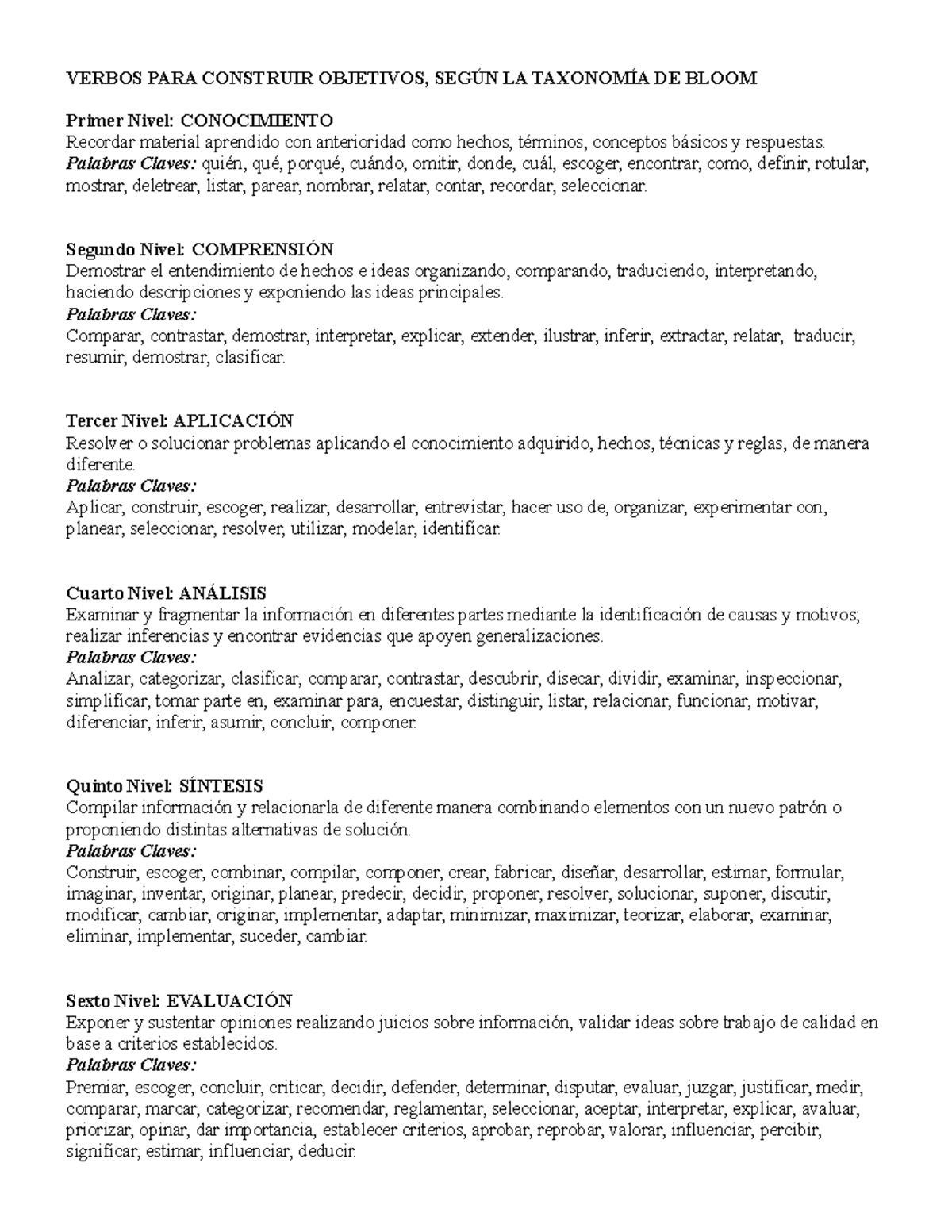 Taxonomia DE Bloom - Taxonomía - VERBOS PARA CONSTRUIR OBJETIVOS, SEGÚN ...