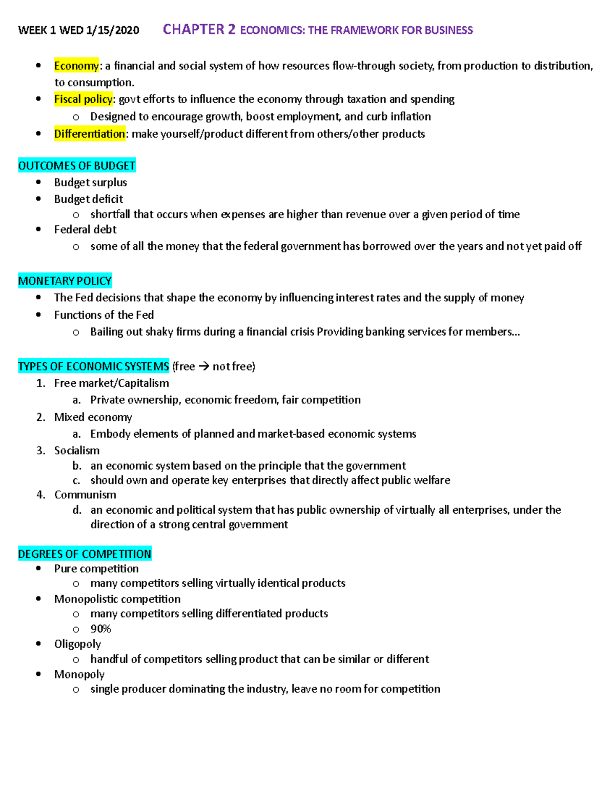 Business 101 - Lecture Notes - WEEK 1 WED 1/15/2020 CHAPTER 2 ECONOMICS ...