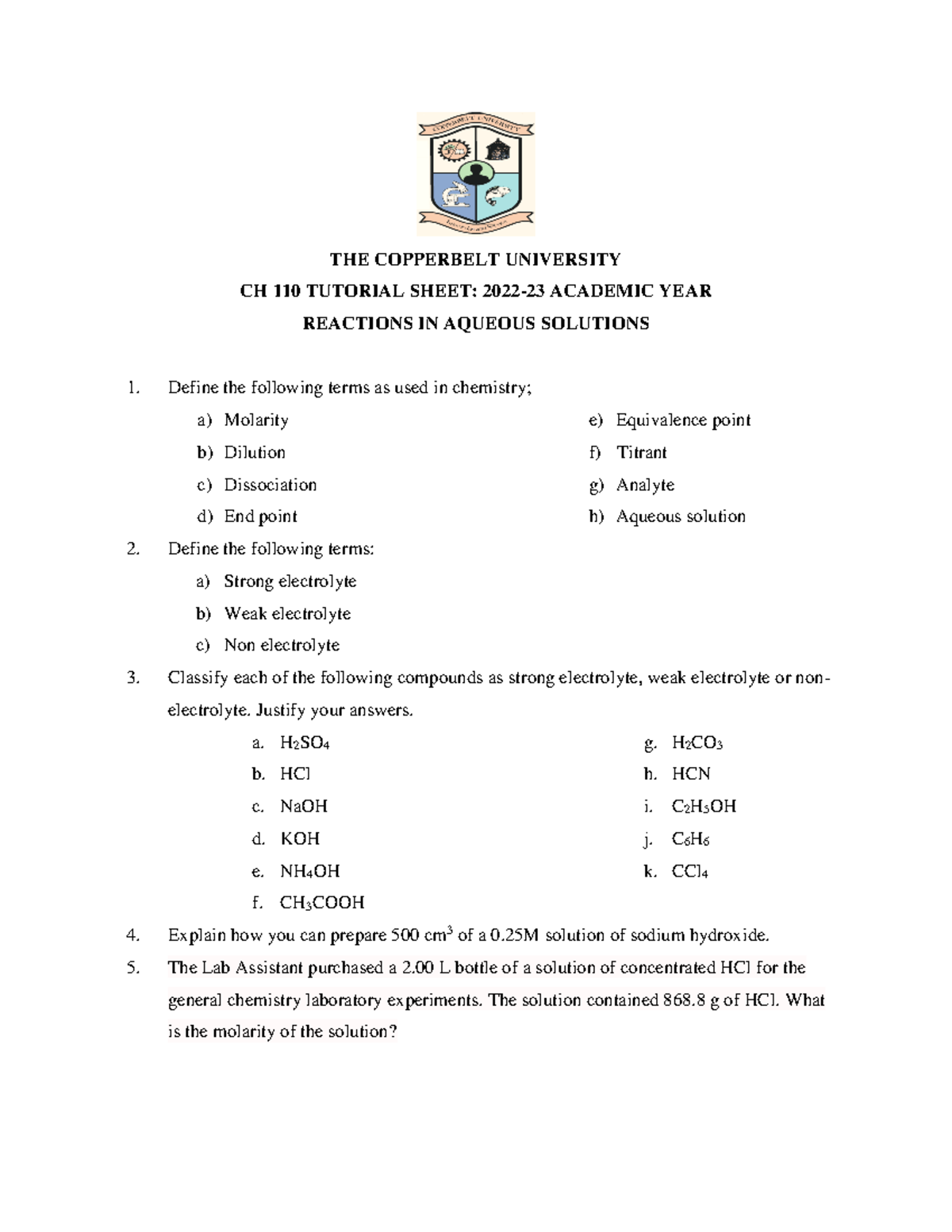 Tutorial Sheet 3 Reactions in aqueous solution - THE COPPERBELT ...