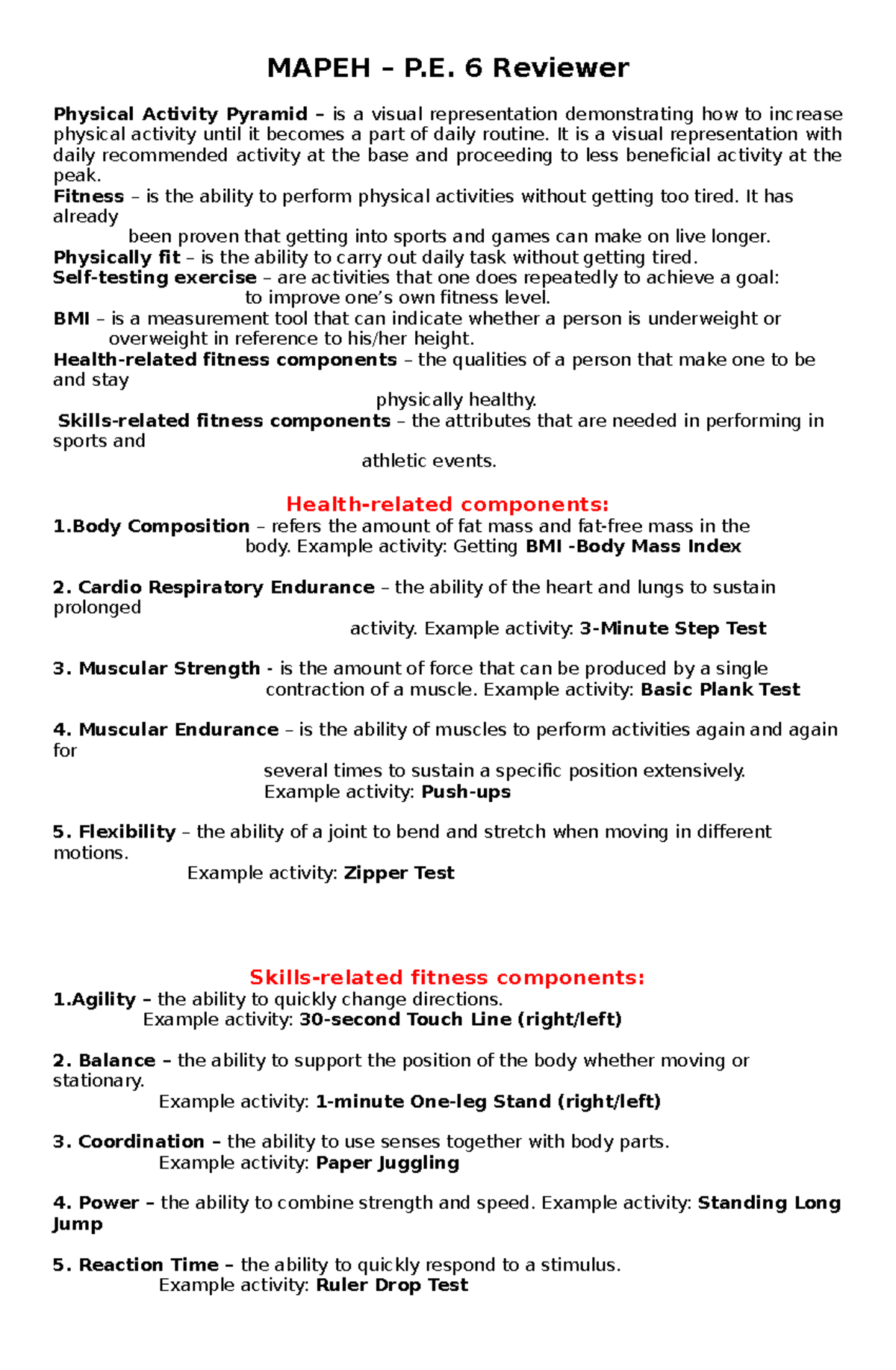 Mapeh reviewer - None. - MAPEH – P. 6 Reviewer Physical Activity ...