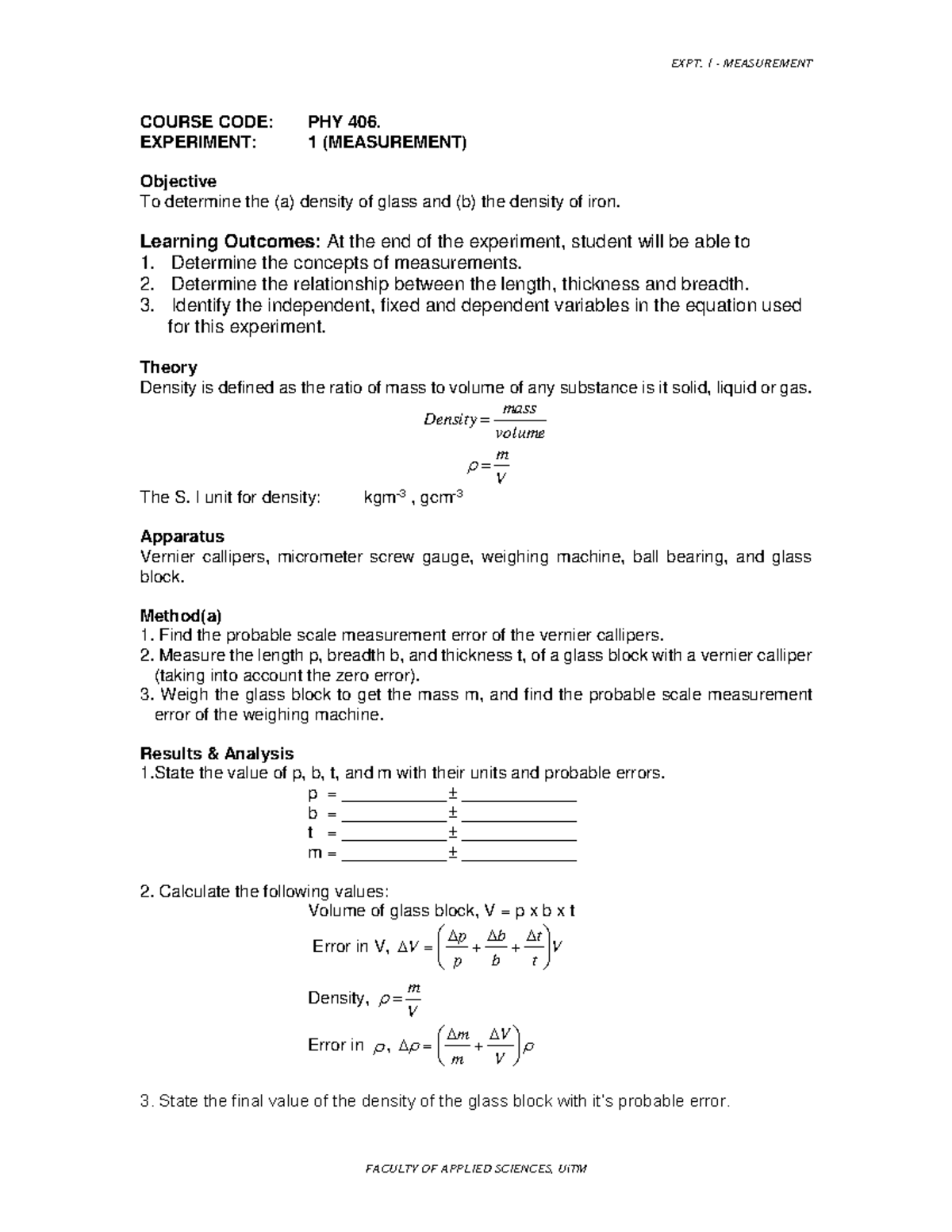 LAB Manual PHY406 221209 144314 - EXPT. 1 - MEASUREMENT COURSE CODE ...