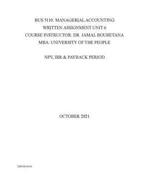 BUS 5111 Unit 1 Written Assignment - BUS 5111: FINANCIAL MANAGEMENT WRITTEN ASSIGNMENT UNIT 1 ...