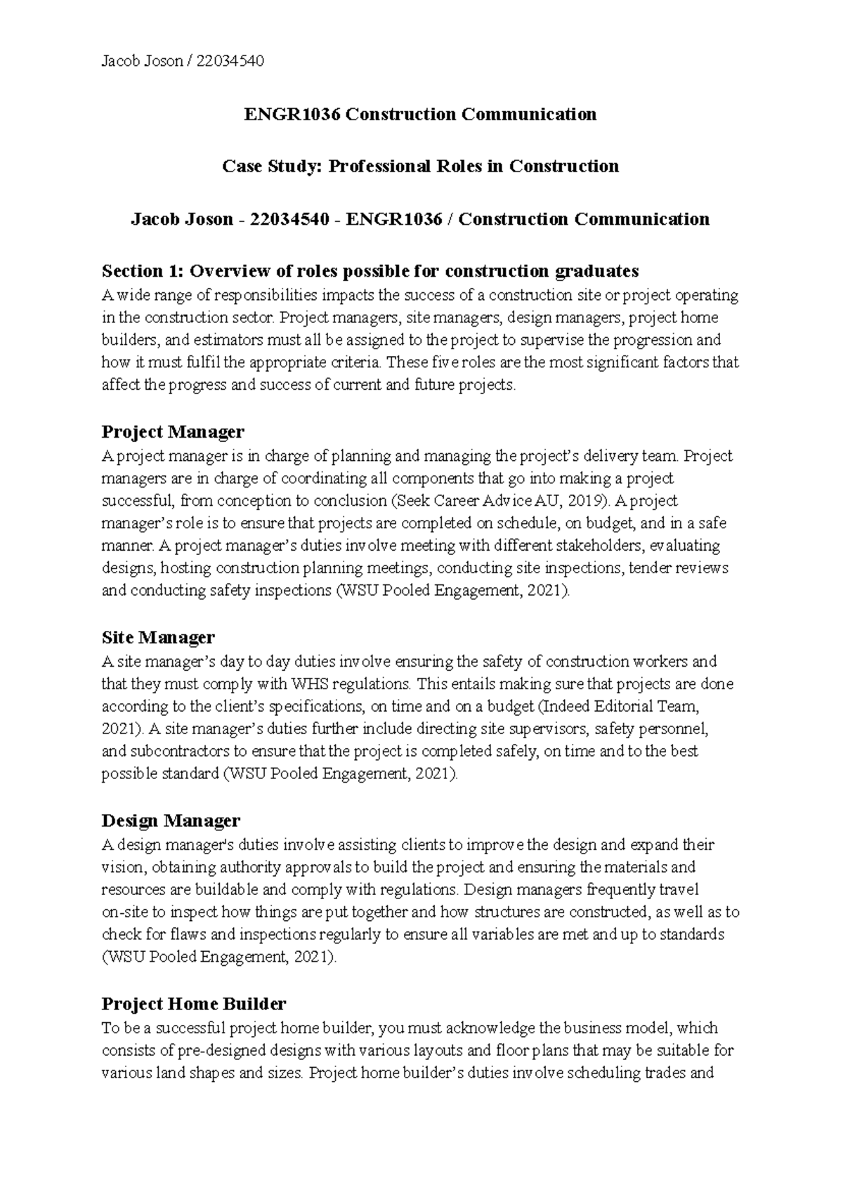Assessment Case Study - Professional Roles In Construction - ENGR1036 ...