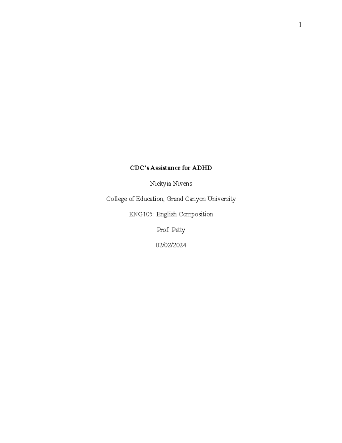The CDC ADHD - paper - CDC's Assistance for ADHD Nickyia Nivens College ...