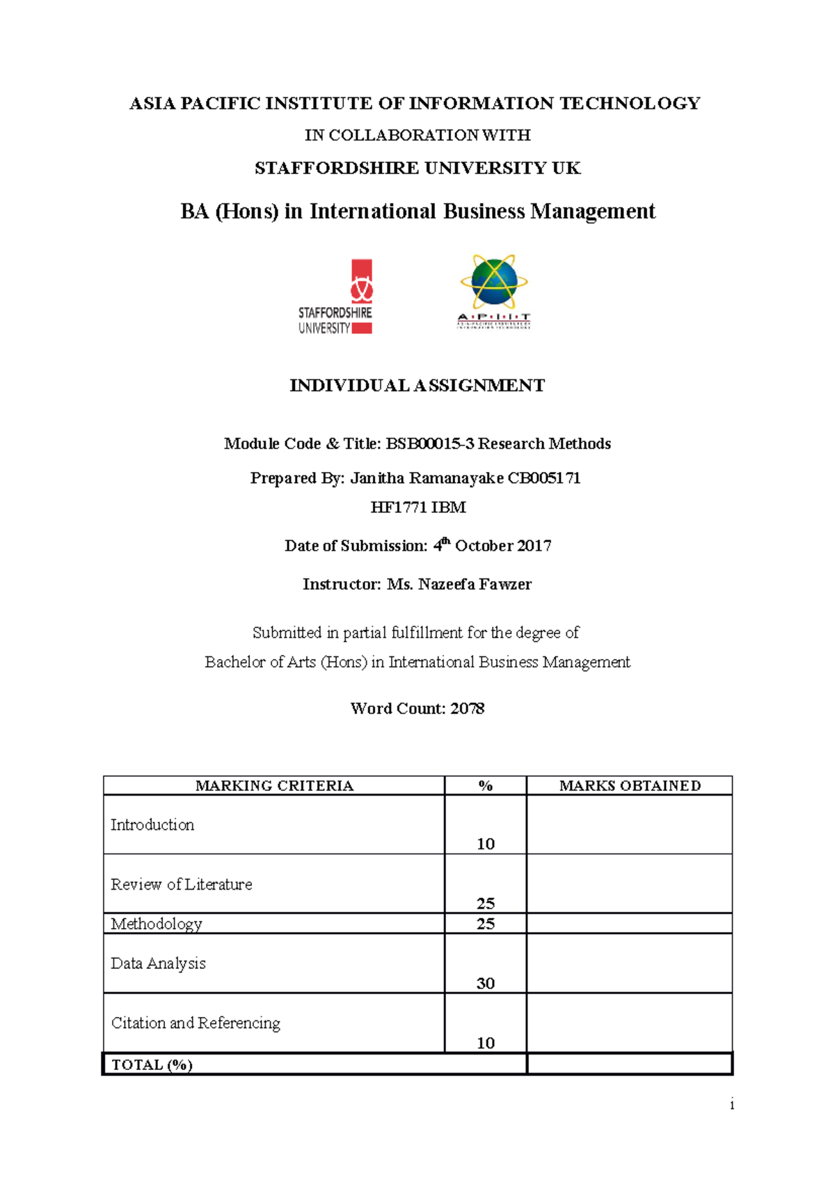 Research project Assessment 07 - ASIA PACIFIC INSTITUTE OF INFORMATION ...