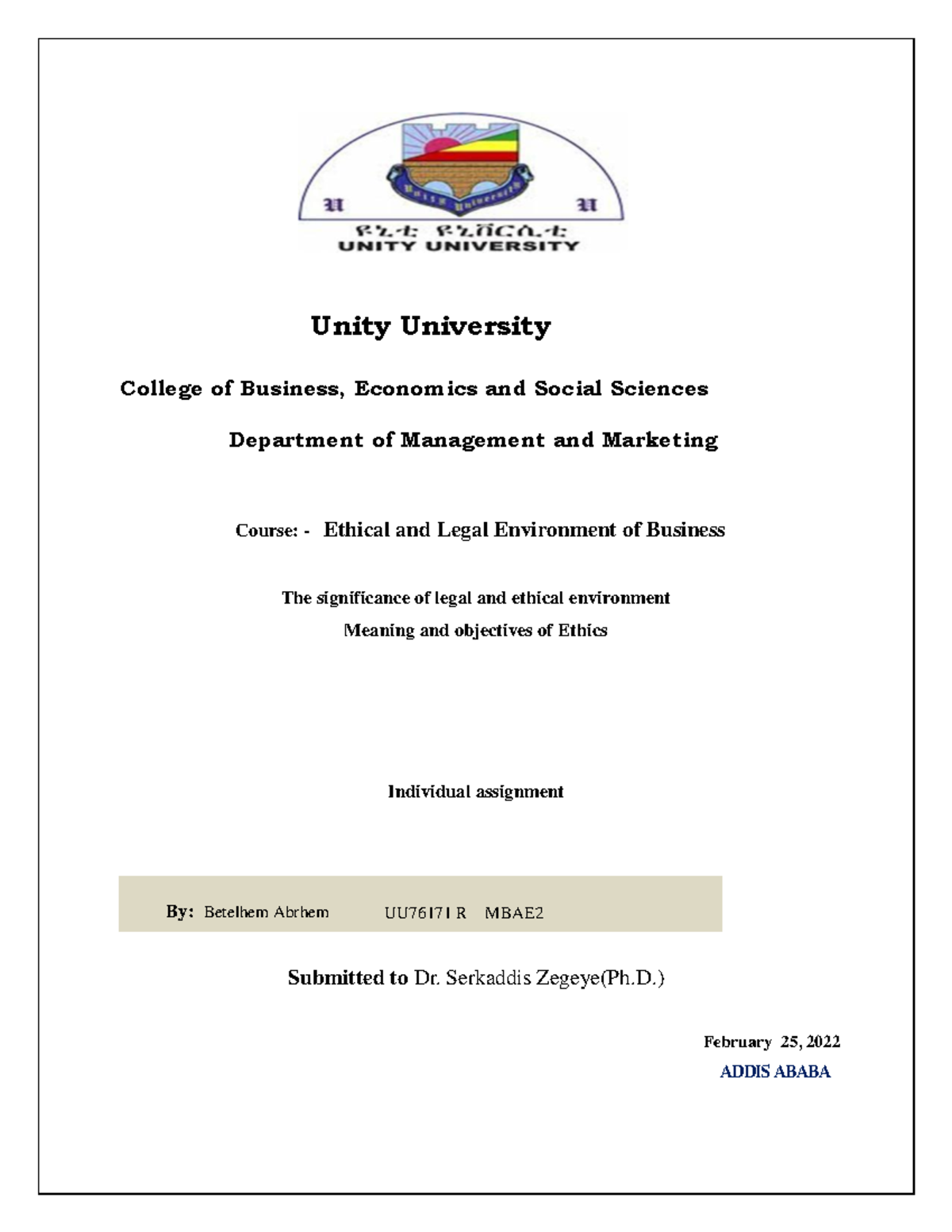 MBA 2022 Individual Assignment - Unity University College of Business ...