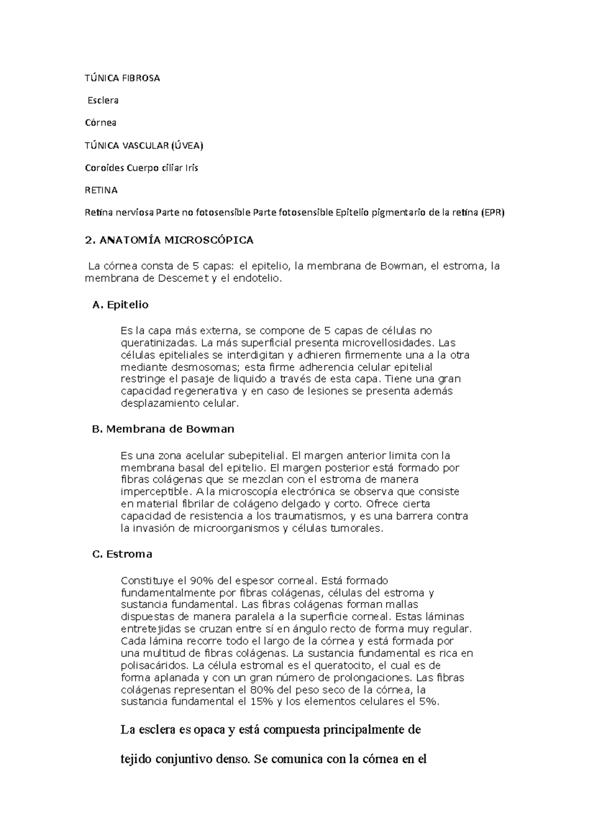 Apuntes LAB DE Histo - TÚNICA FIBROSA Esclera Córnea TÚNICA VASCULAR ...