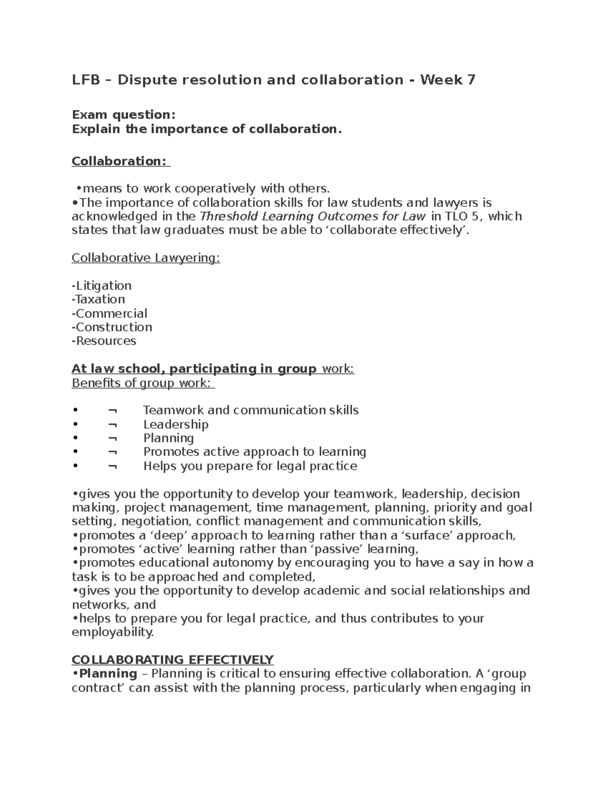 LFB week 7 lecture - LFB – Dispute resolution and collaboration - Week ...