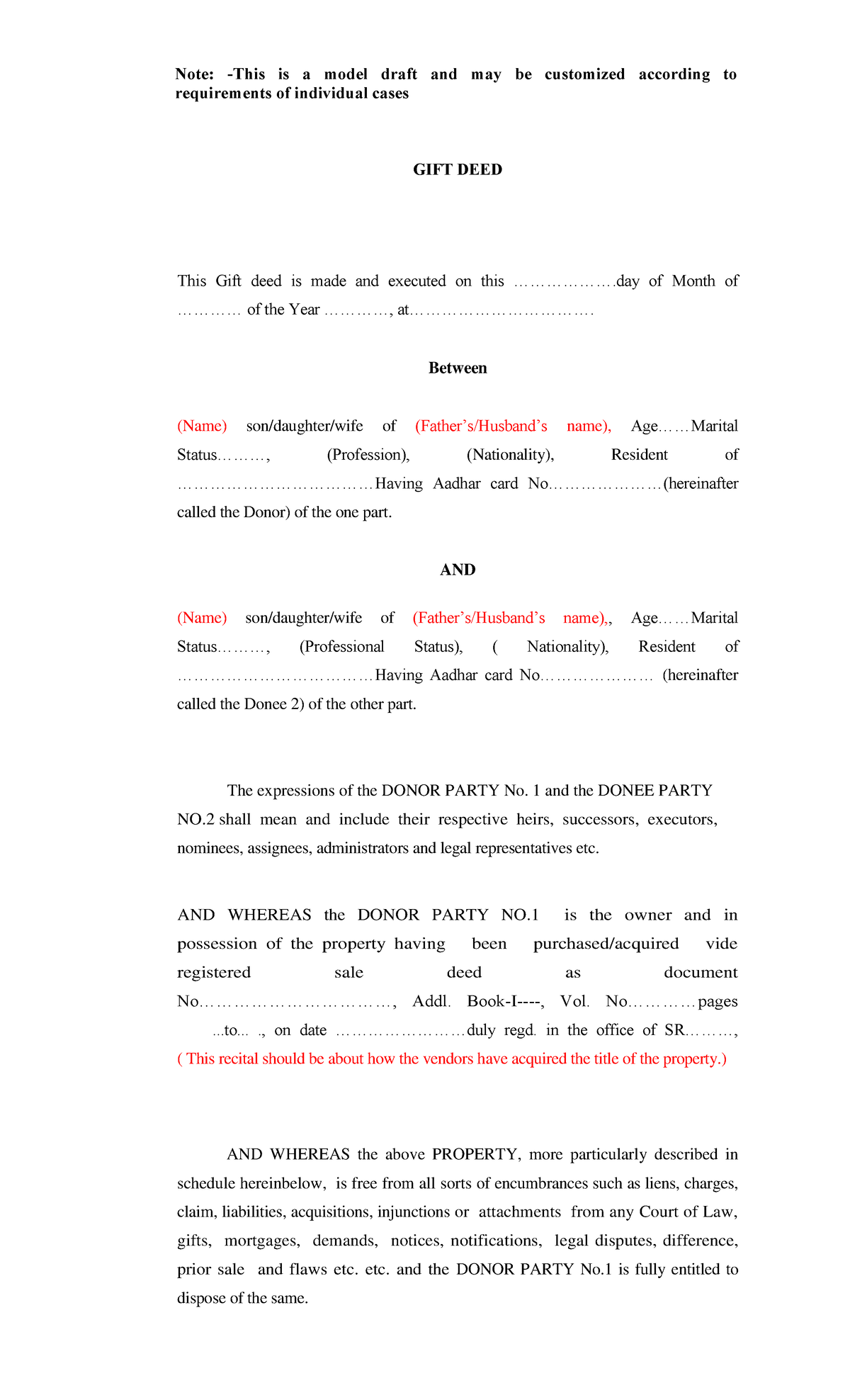 Draft gift deed - Note: -This is a model draft and may be customized ...