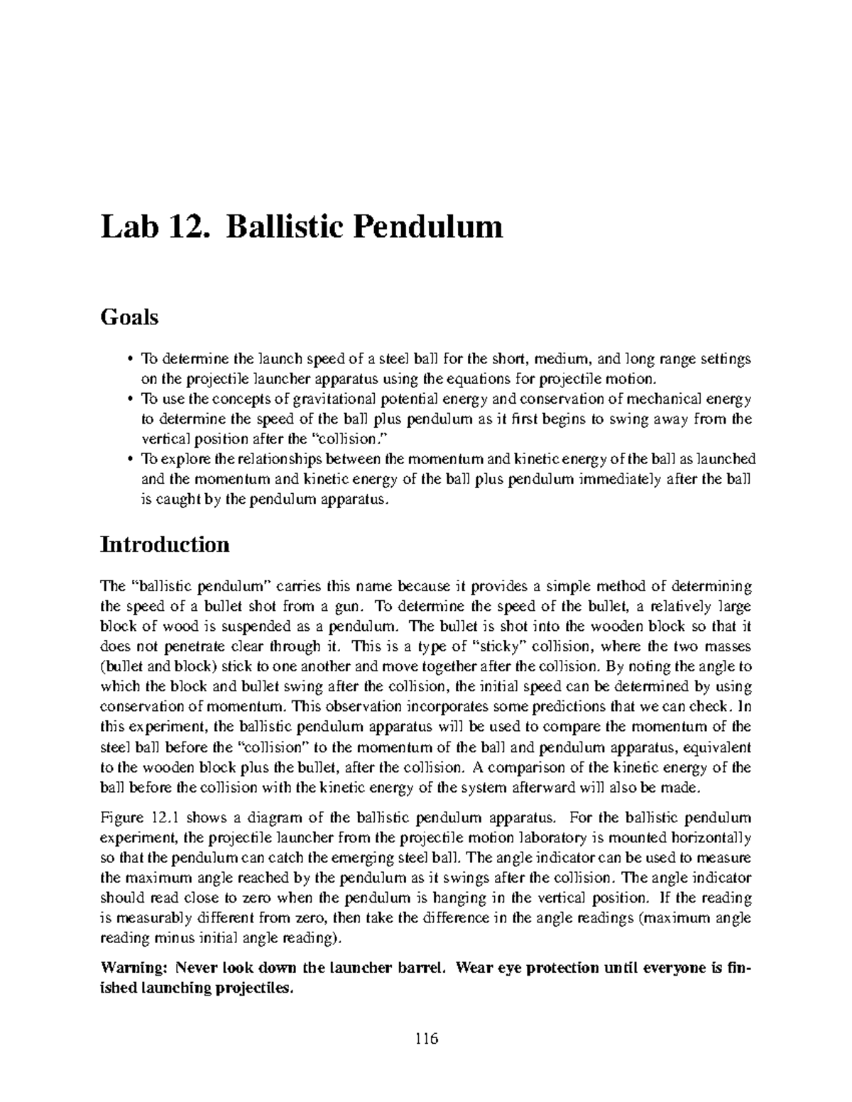 201-Lab-12.-Ballistic-Pendulum - Lab 12. Ballistic Pendulum Goals To ...