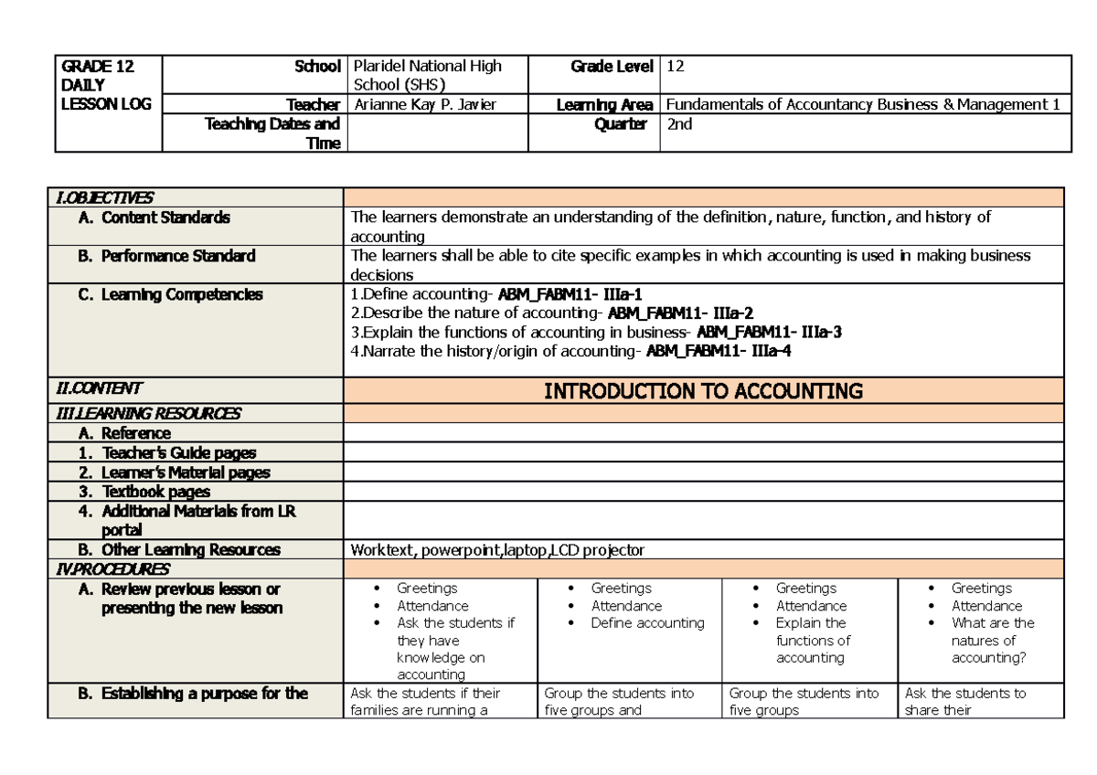 DLL-FABM 1-W1 Intro TO Accounting - GRADE 12 DAILY LESSON LOG School ...