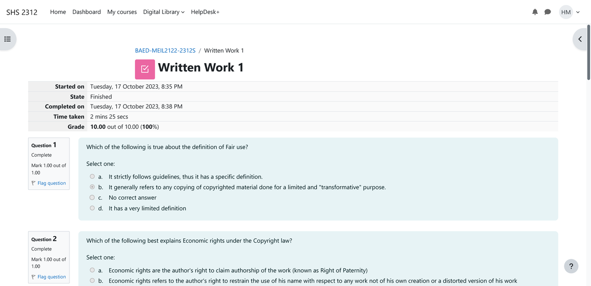 MEIL Written Work 1 Attempt review - Question 1 Complete Mark 1 out of ...