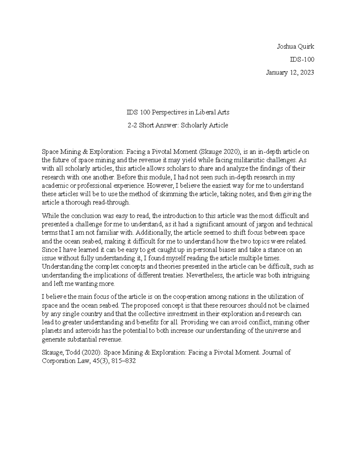 Module 2 scholarly article - Joshua Quirk IDS- January 12, 2023 IDS 100 ...