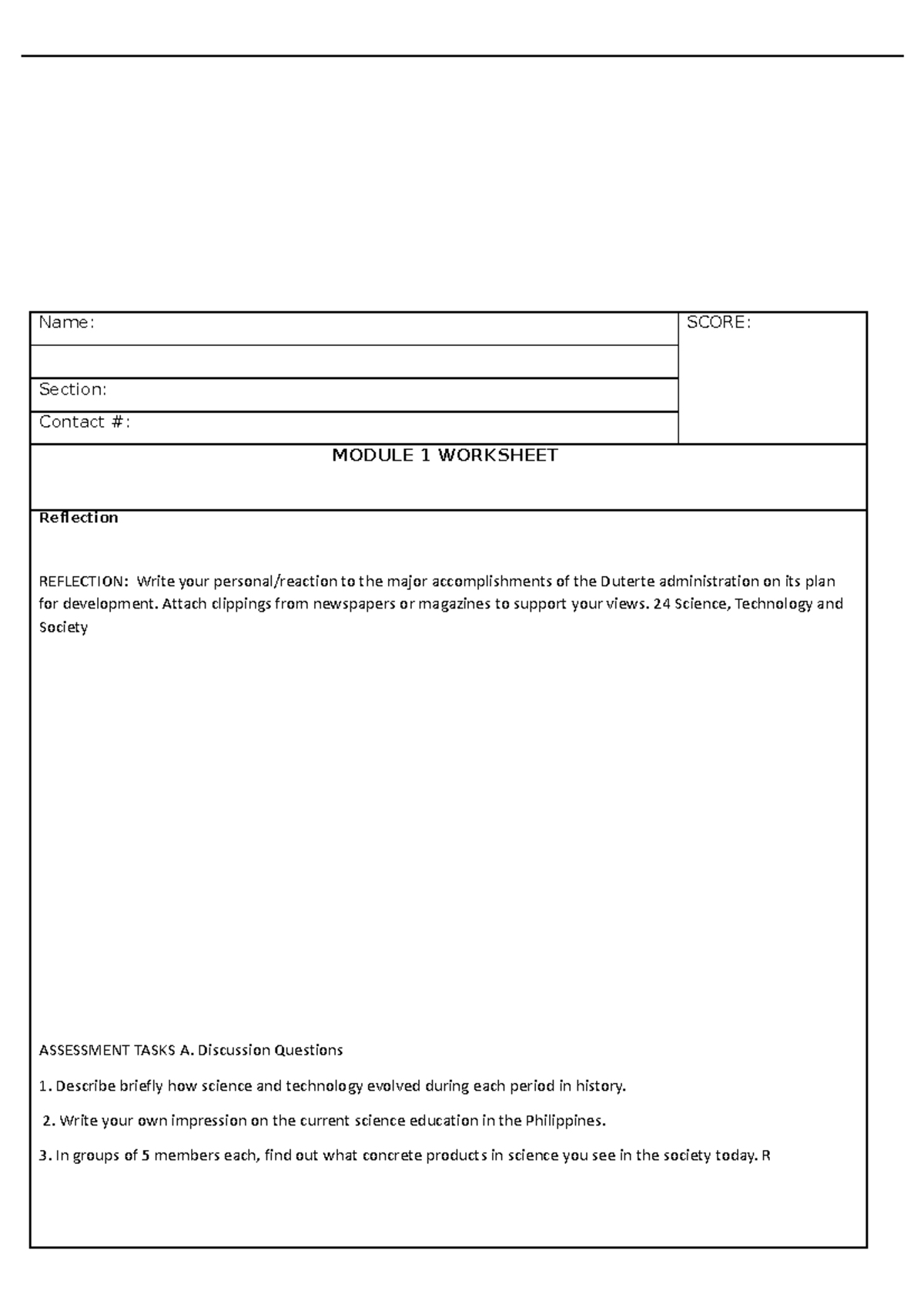 Occ-module-1 (3) - Script - Name: SCORE: Section: Contact #: MODULE 1 ...