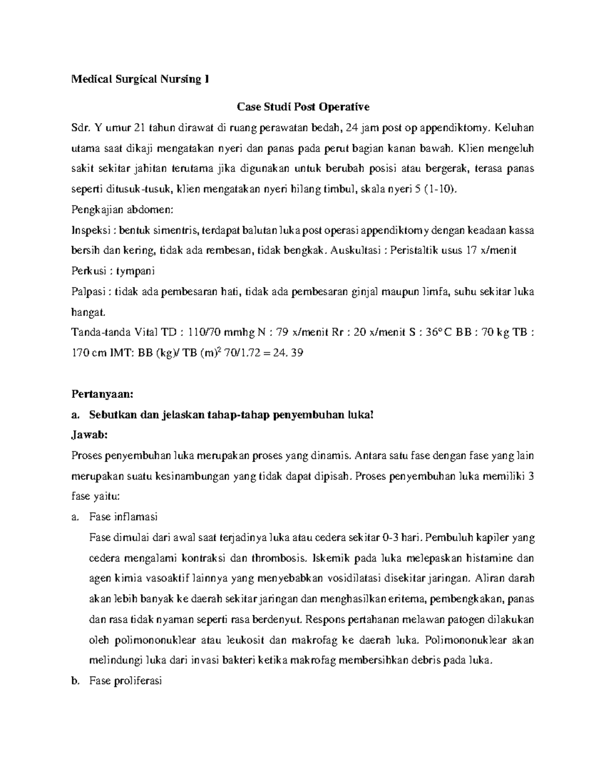 Case Study Post Operative - Medical Surgical Nursing I Case Studi Post ...
