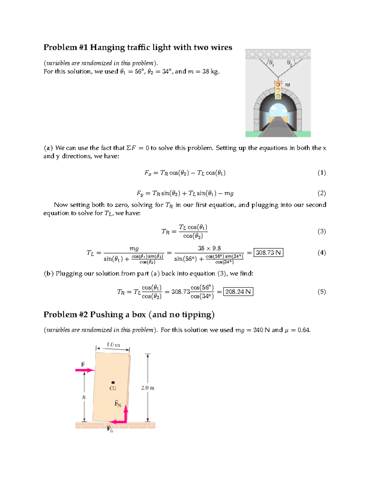 PHYS1425 - Homework 8 Answers - Problem #1 Hanging traffic light with two wires (variables are ...
