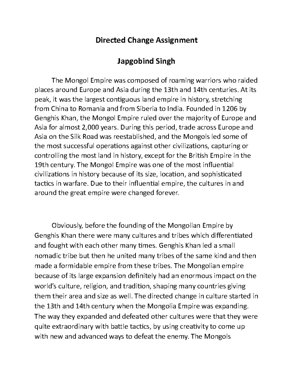 Directed Change Assignment - Directed Change Assignment Japgobind Singh The Mongol Empire was ...