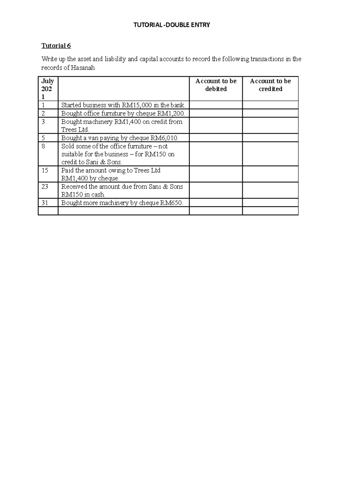Chapter 3- Tutorial- Double Entry - TUTORIAL -DOUBLE ENTRY Tutorial 6 ...